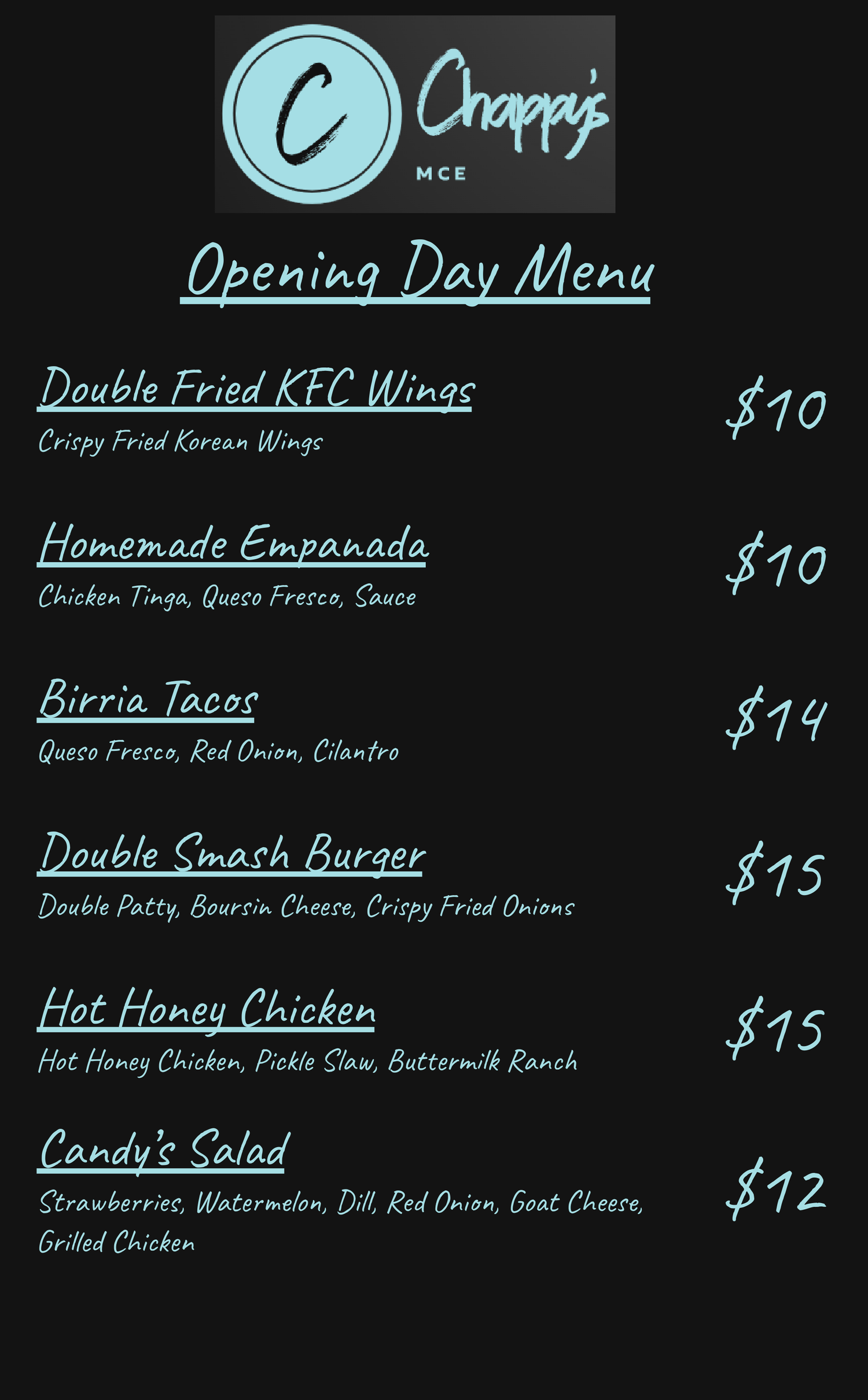 Menu — Chappy's MCE