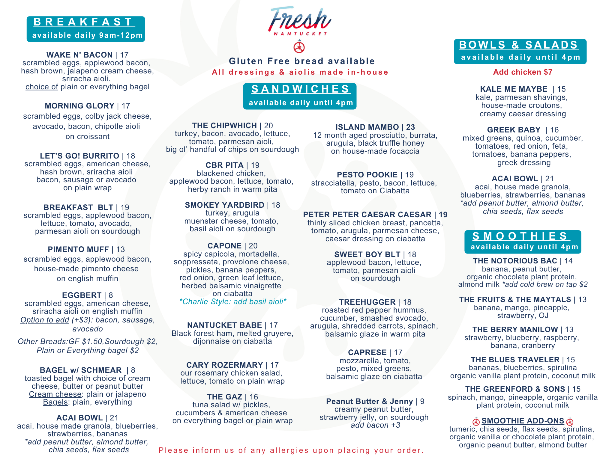 Fresh Nantucket Menu — Fresh Nantucket