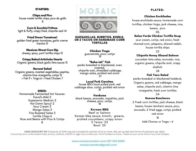 Menus — Mosaic Restaurant in Camden, Maine