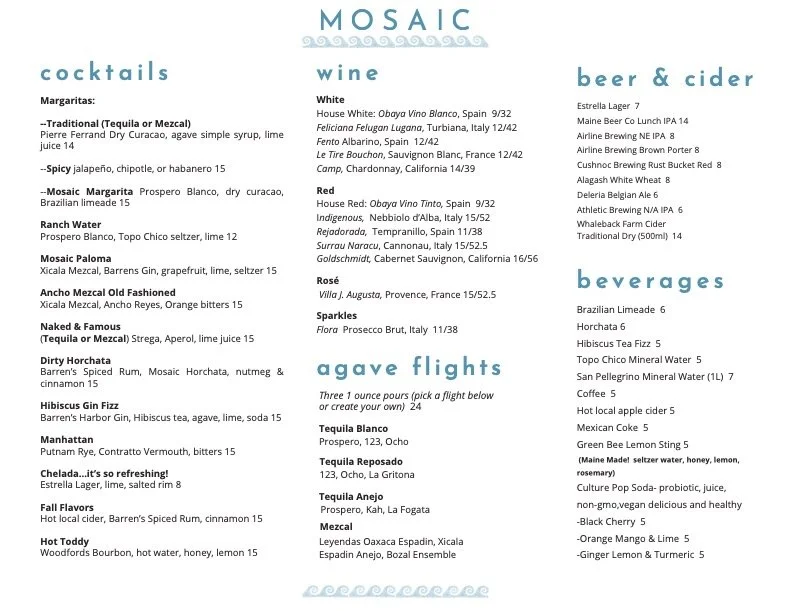 Menus — Mosaic Restaurant in Camden, Maine