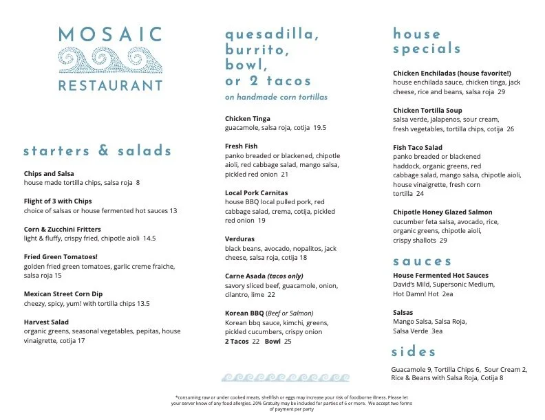 Menus — Mosaic Restaurant in Camden, Maine