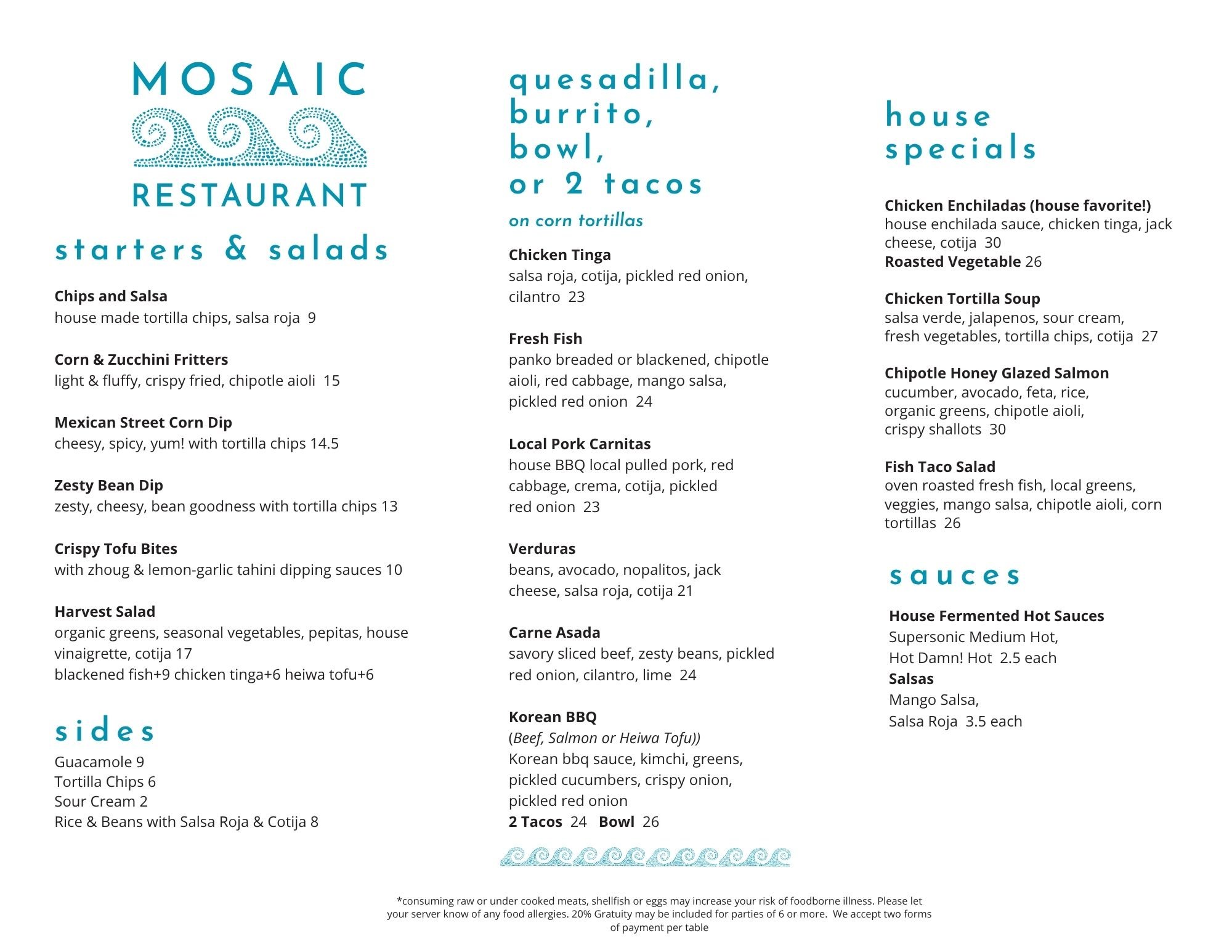 Menus — Mosaic Restaurant in Camden, Maine