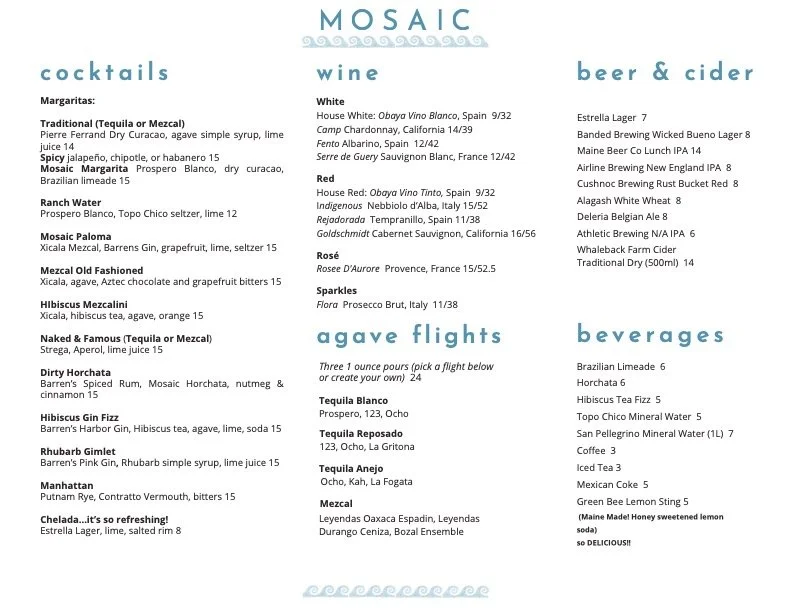 Menus — Mosaic Restaurant in Camden, Maine