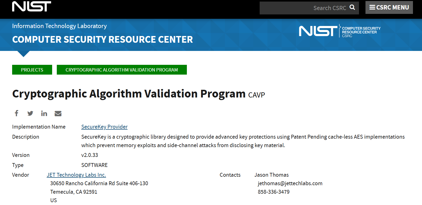 SecureKey Achieves FIPS Algorithm Validation — JET Technology Labs Inc.