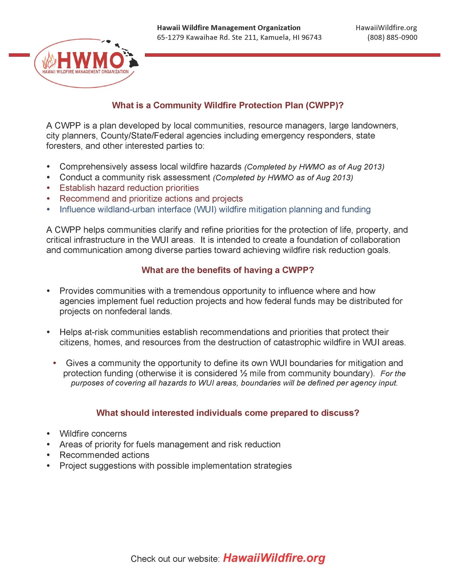 CWPP Overview Sheet — Hawaii Wildfire Management Organization