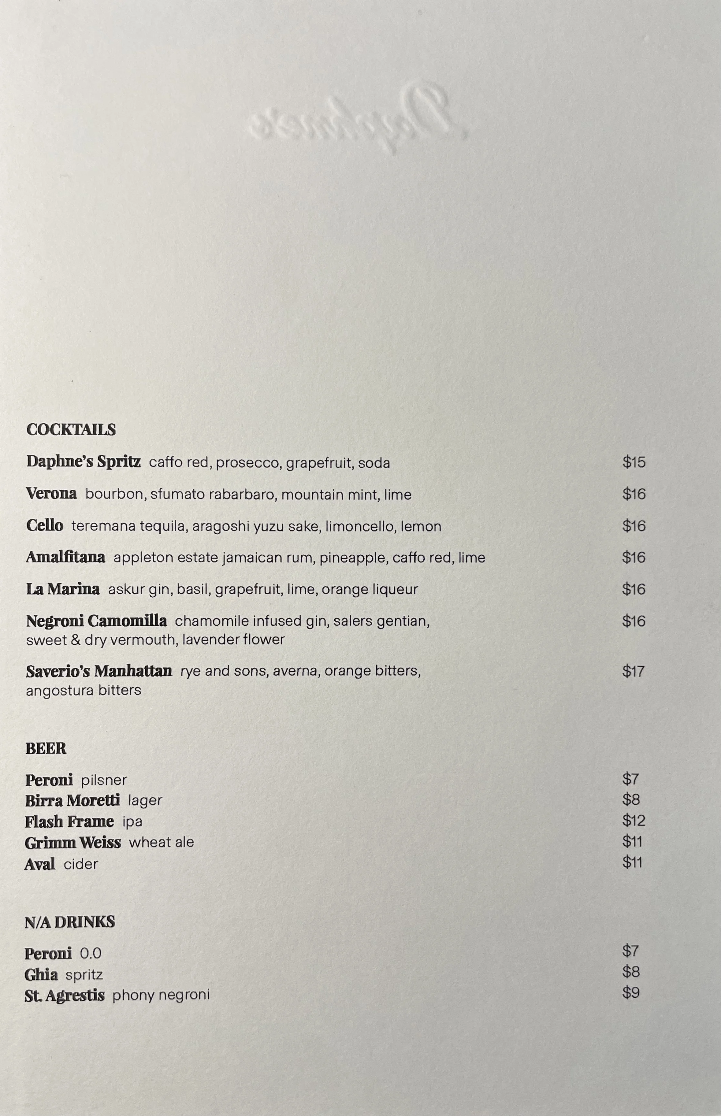 Menu — Daphne's