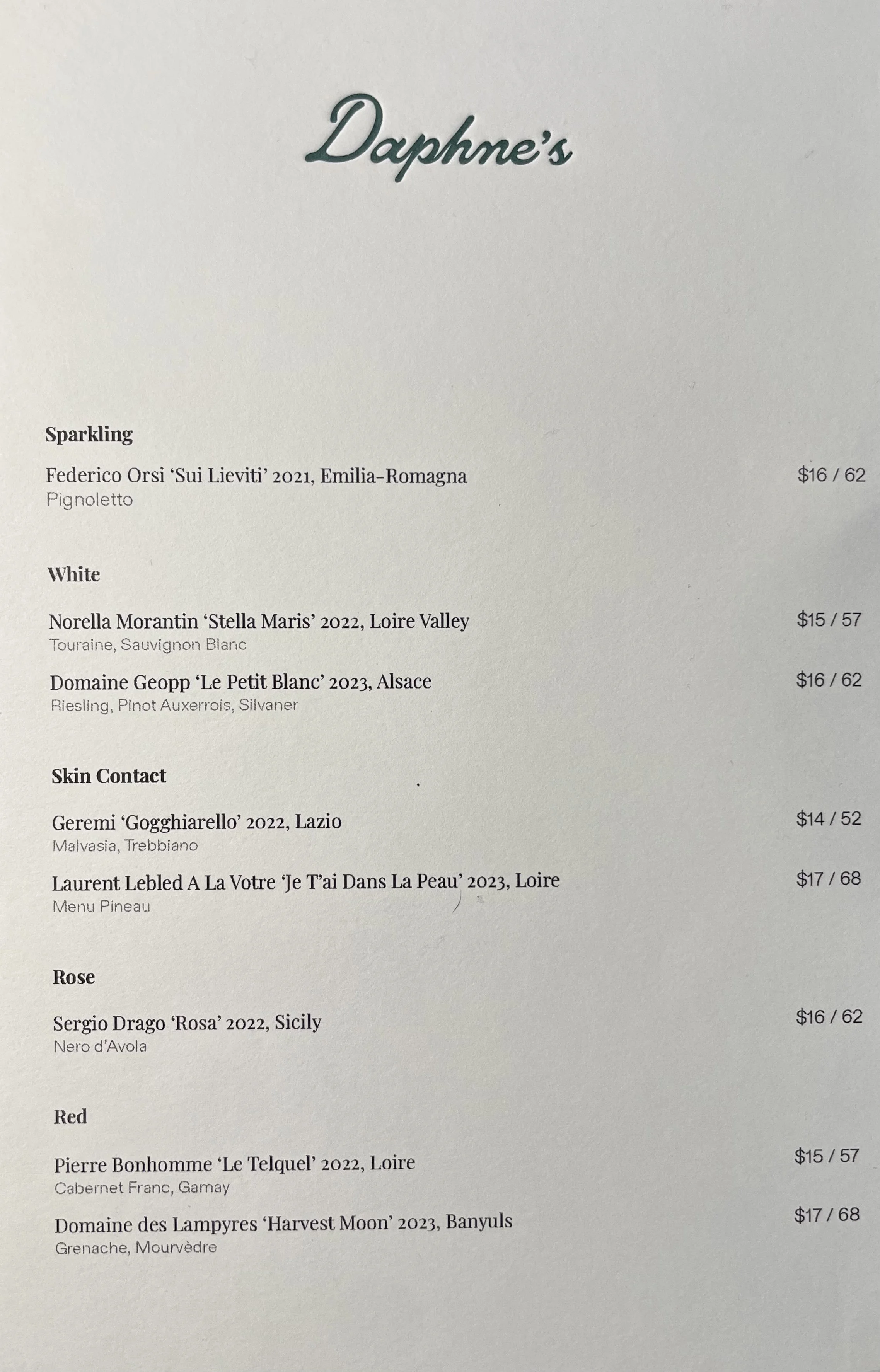 Menu — Daphne's