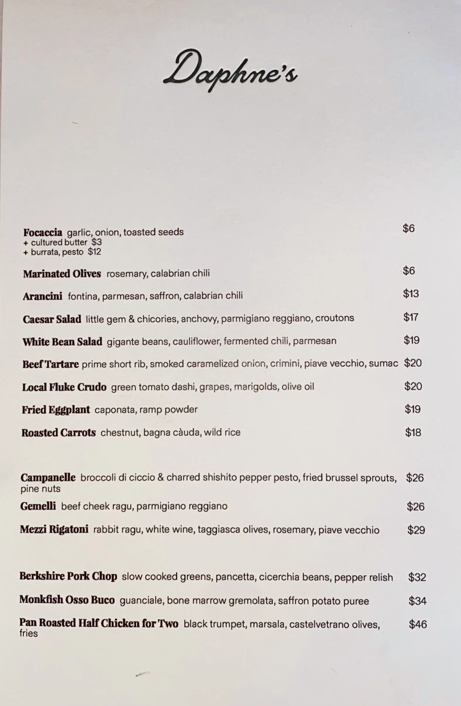 Menu — Daphne's