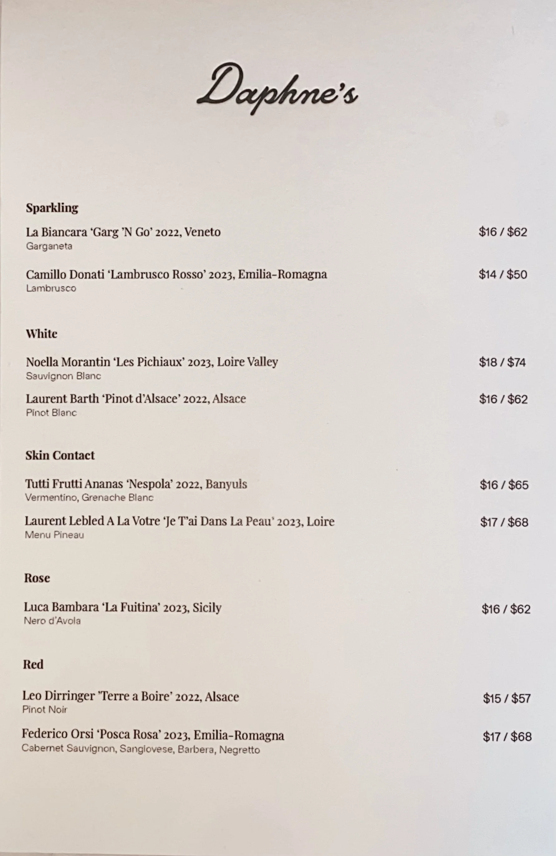 Menu — Daphne's