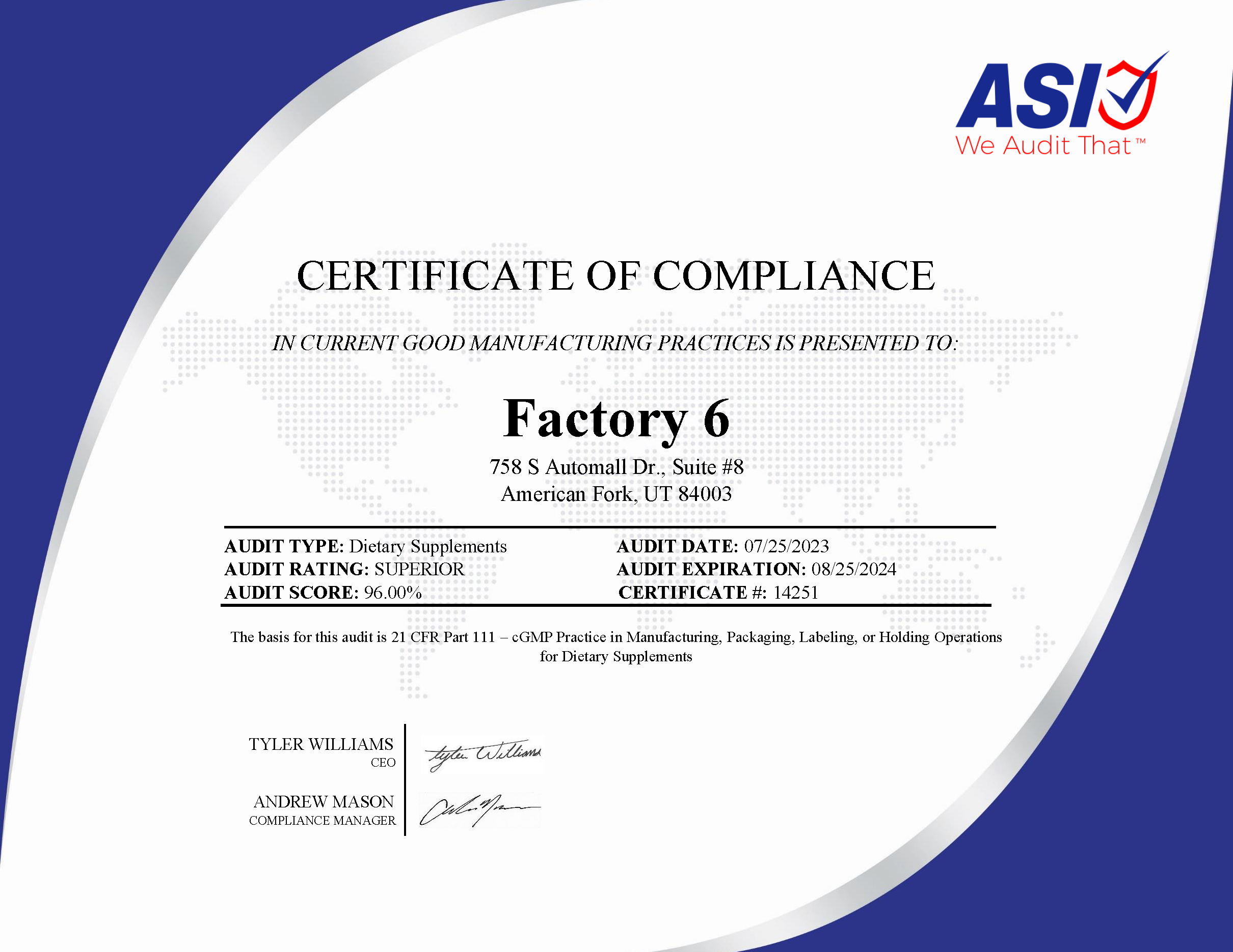 Our Certifications — Factory6, Inc