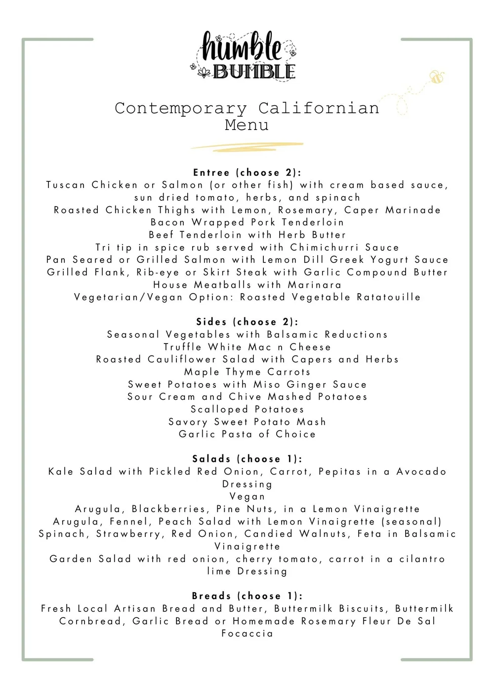 Menus — Humble Bumble Catering