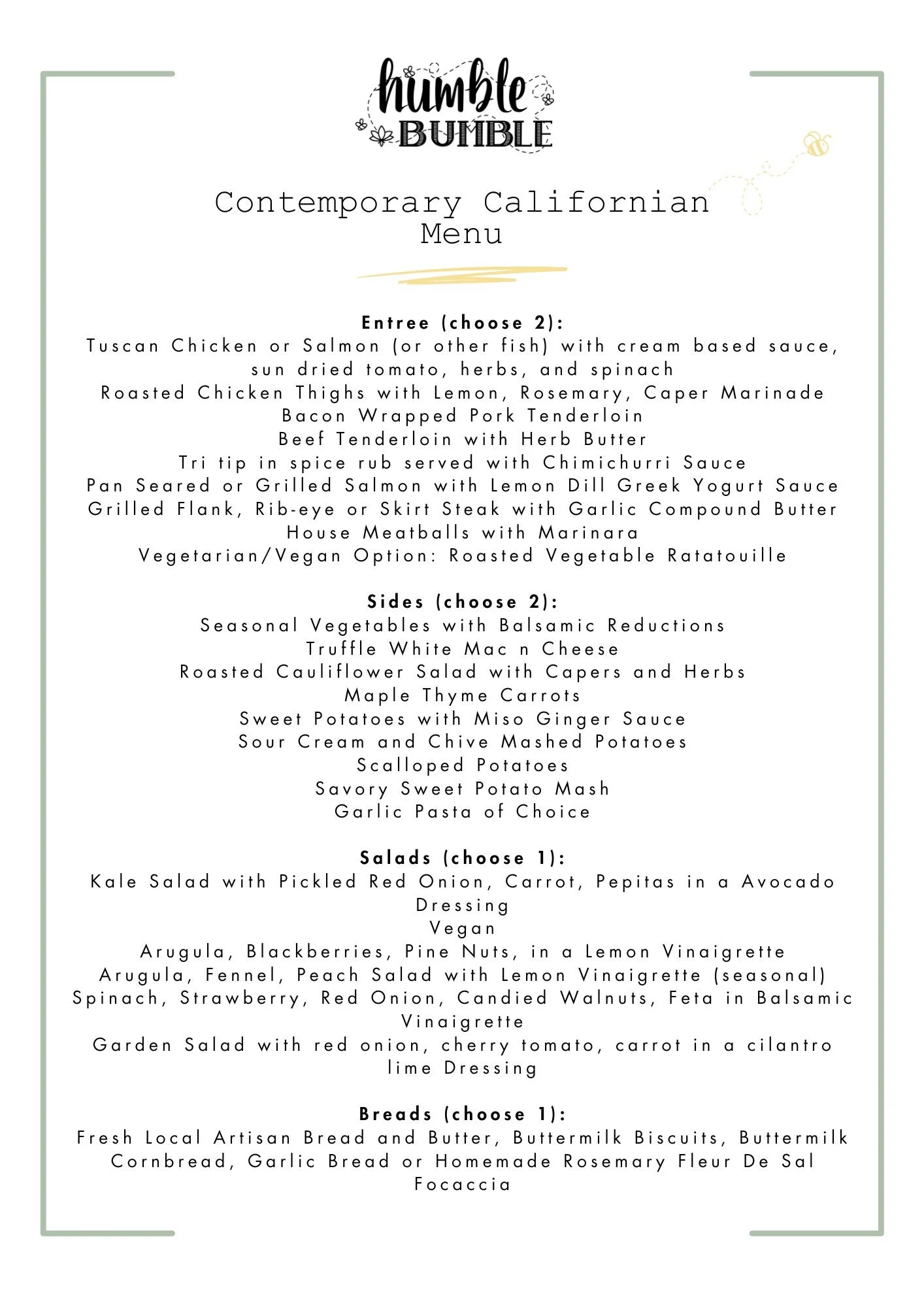 Menus — Humble Bumble Catering