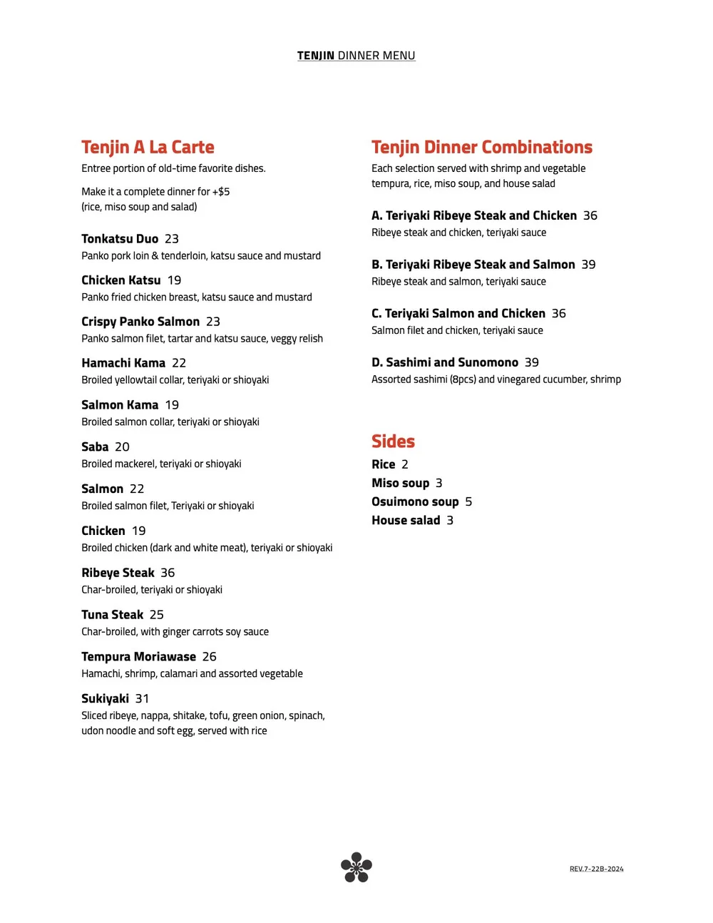 Dinner menu — Tenjin Restaurant | Lincolnwood Japanese Restaurant