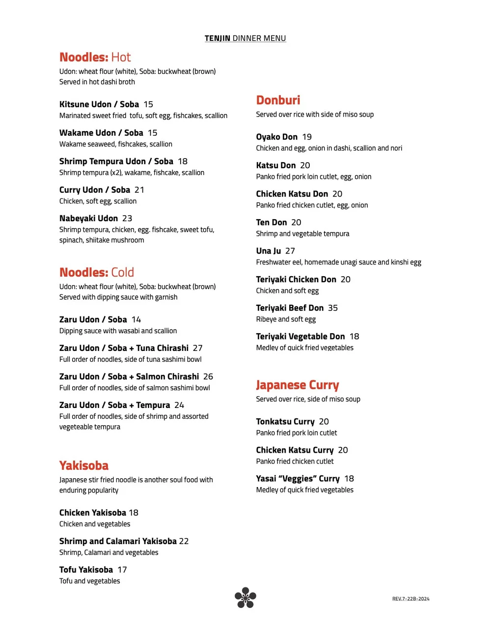 Dinner menu — Tenjin Restaurant | Lincolnwood Japanese Restaurant