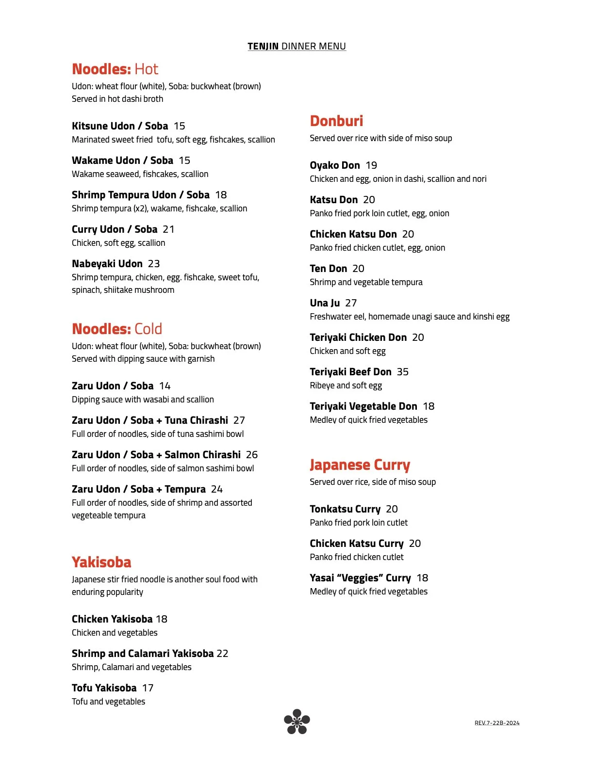 Dinner menu — Tenjin Restaurant | Lincolnwood Japanese Restaurant