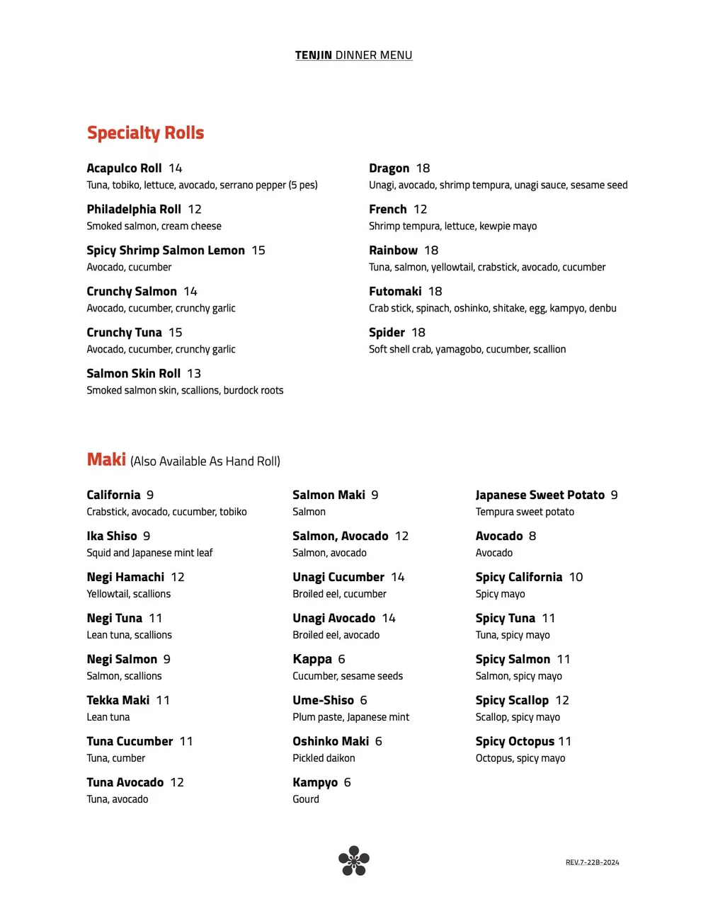 Dinner menu — Tenjin Restaurant | Lincolnwood Japanese Restaurant