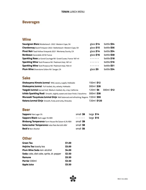 Lunch menu — Tenjin Restaurant | Lincolnwood Japanese Restaurant