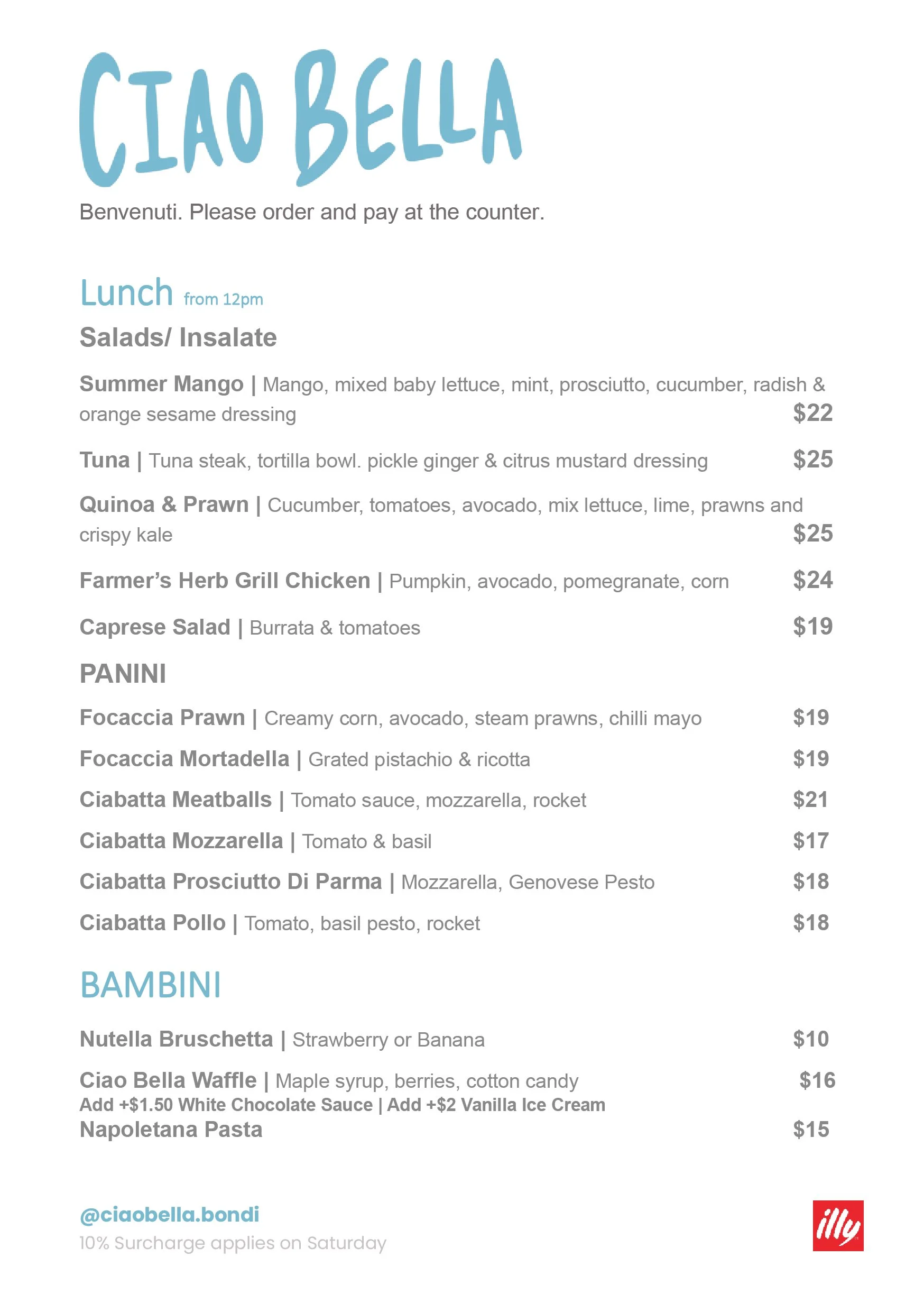 Lunch Menu — Ciao Bella