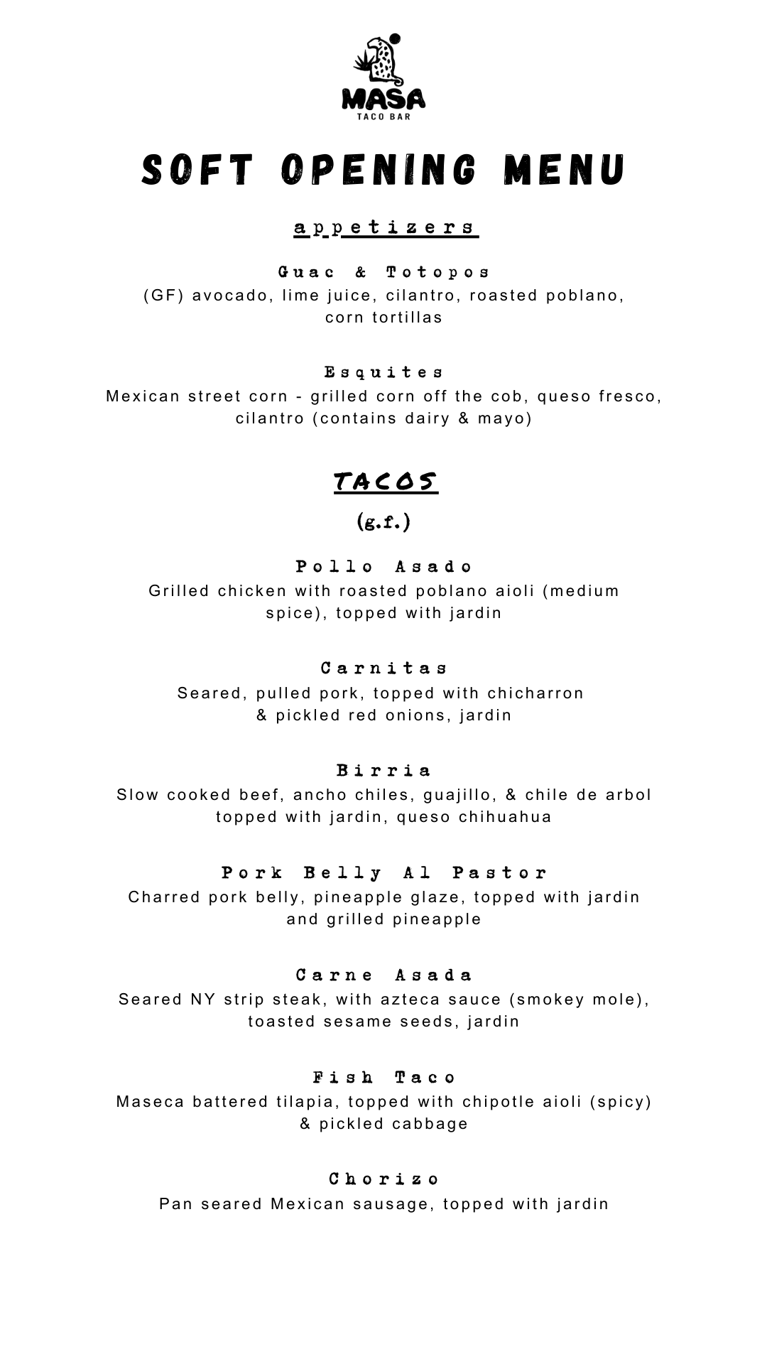 Menu — Masa Taco Bar