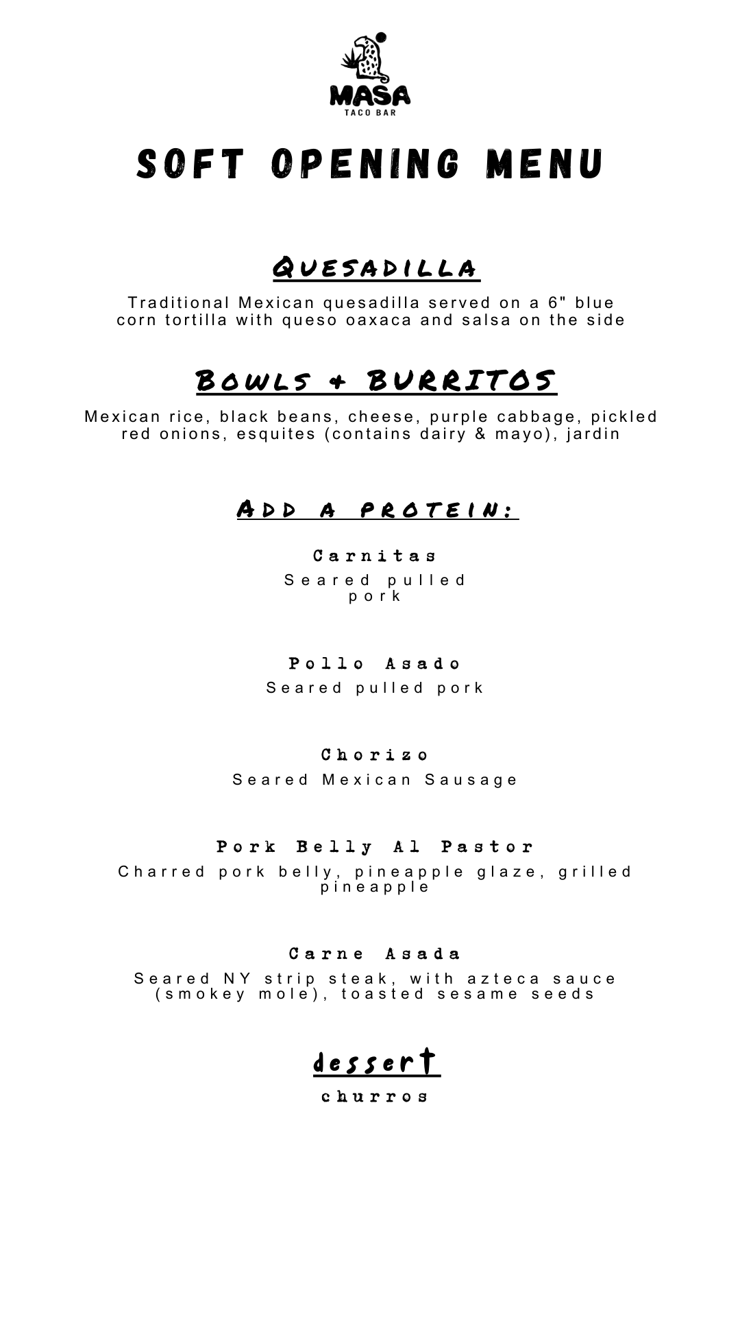Menu — Masa Taco Bar