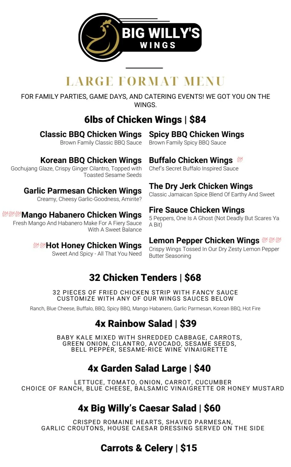 Large Format Menu — Big Willy's Wings