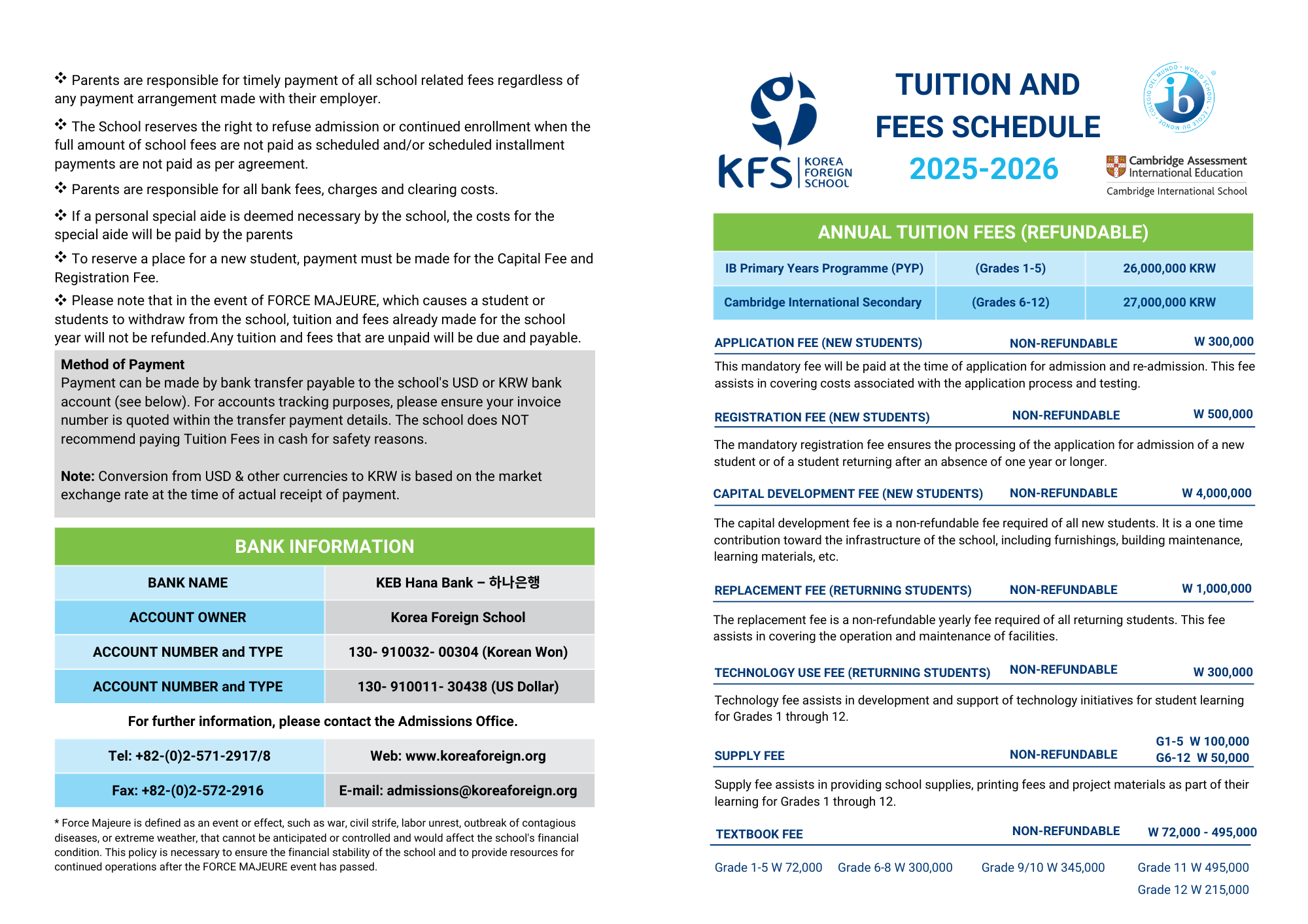 Tuition and Fees — Korea Foreign School