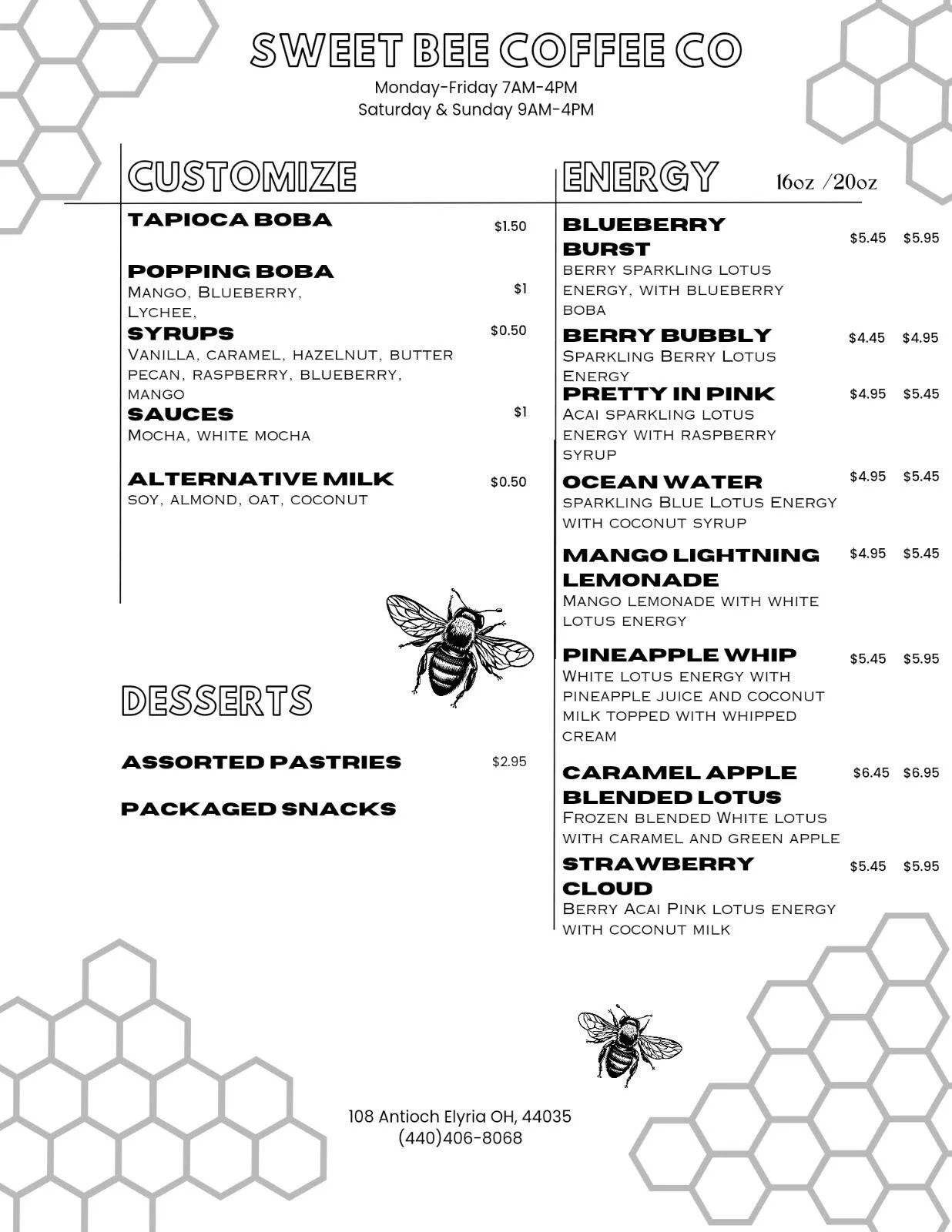 Cafe Menu — Sweet Bee Coffee Co.