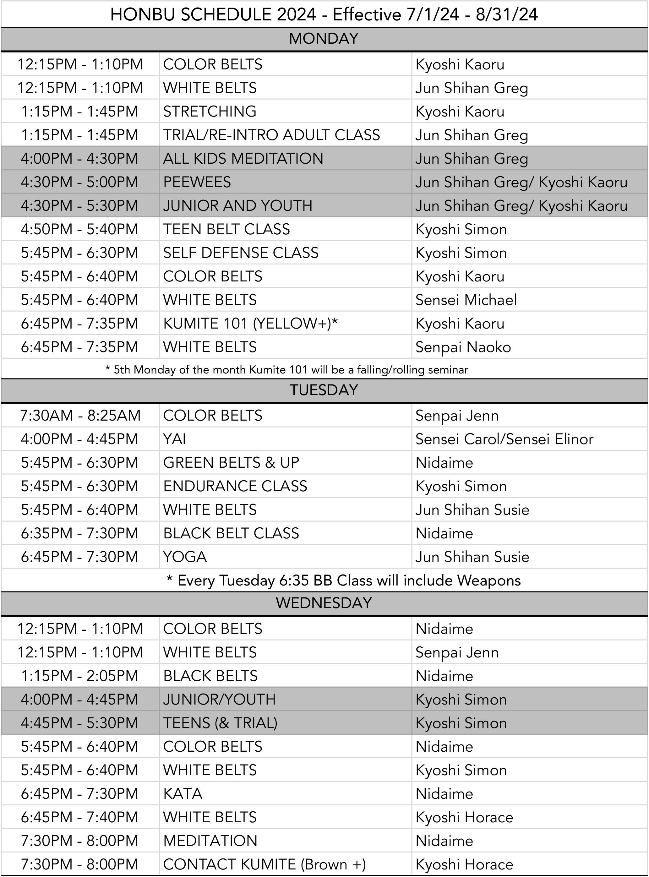 CLASS SCHEDULES (Copy) — World Seido Karate