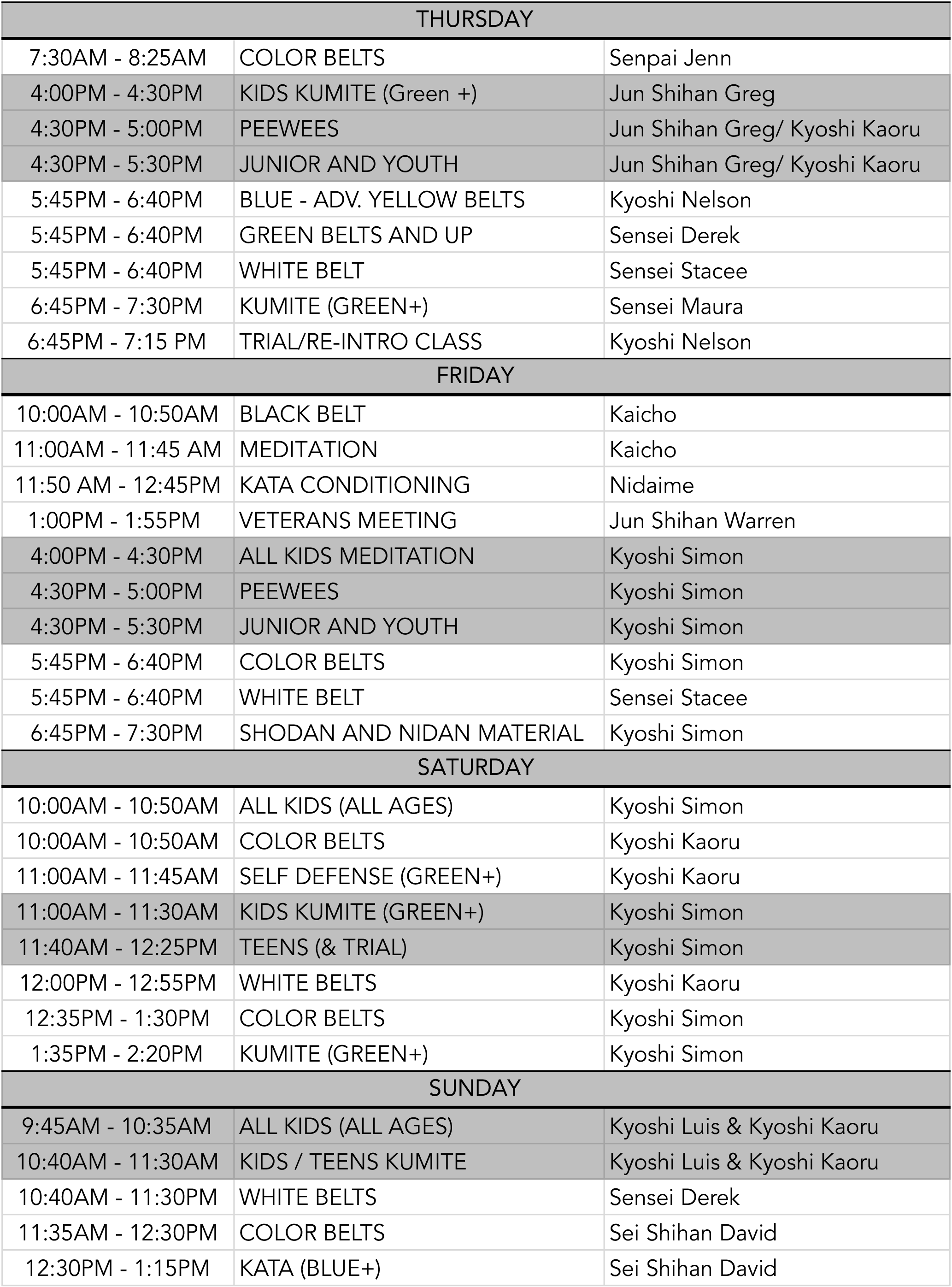 CLASS SCHEDULES (Copy) — World Seido Karate