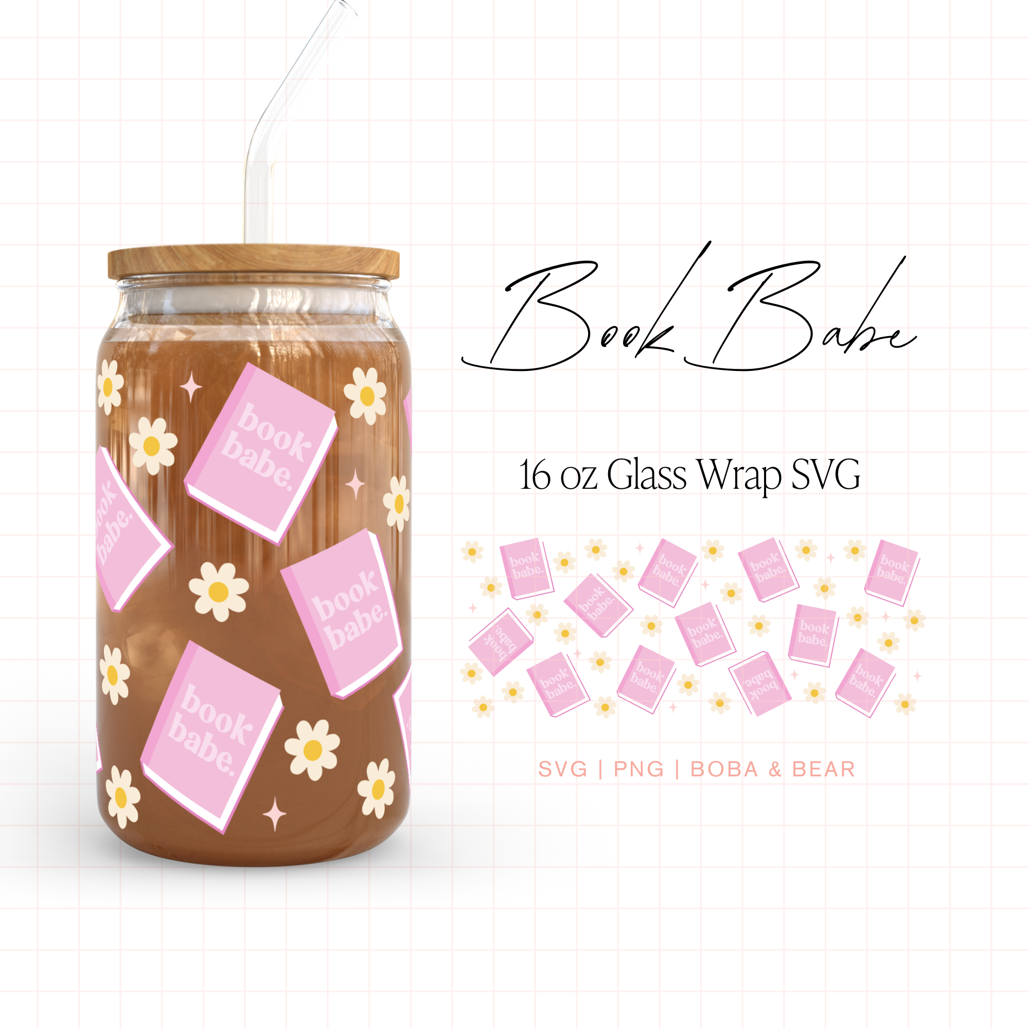 Book Babe | 16oz Libbey Cup Wrap SVG — Boba & Bear
