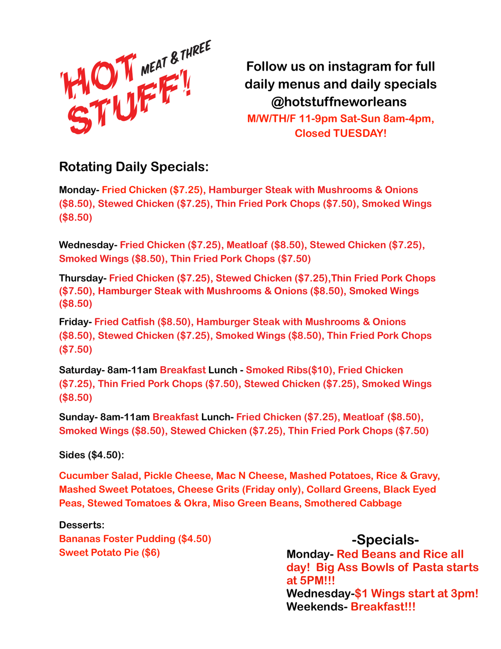 MENU — HOT STUFF