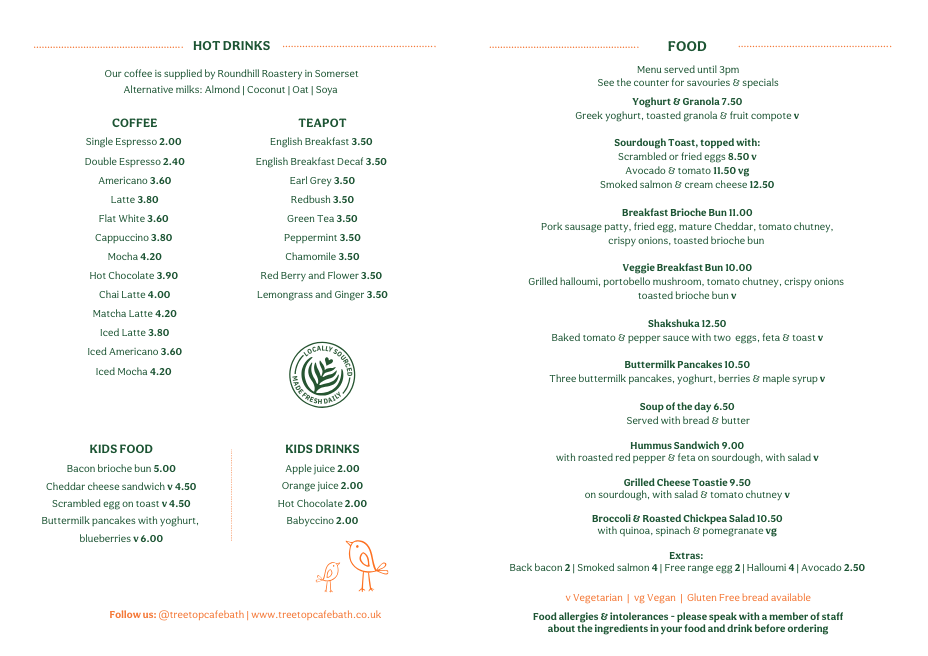 Treetop Cafe Menu — Treetop Cafe Bath