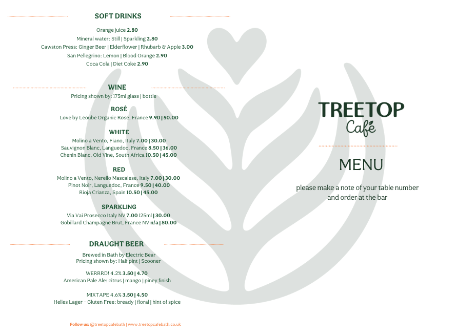 Treetop Cafe Menu — Treetop Cafe Bath