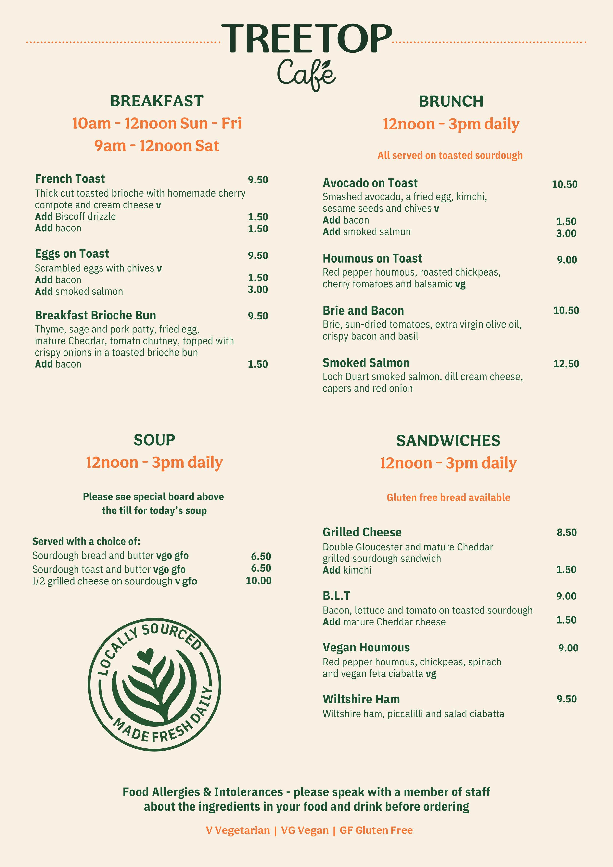 Treetop Cafe Menu — Treetop Cafe Bath
