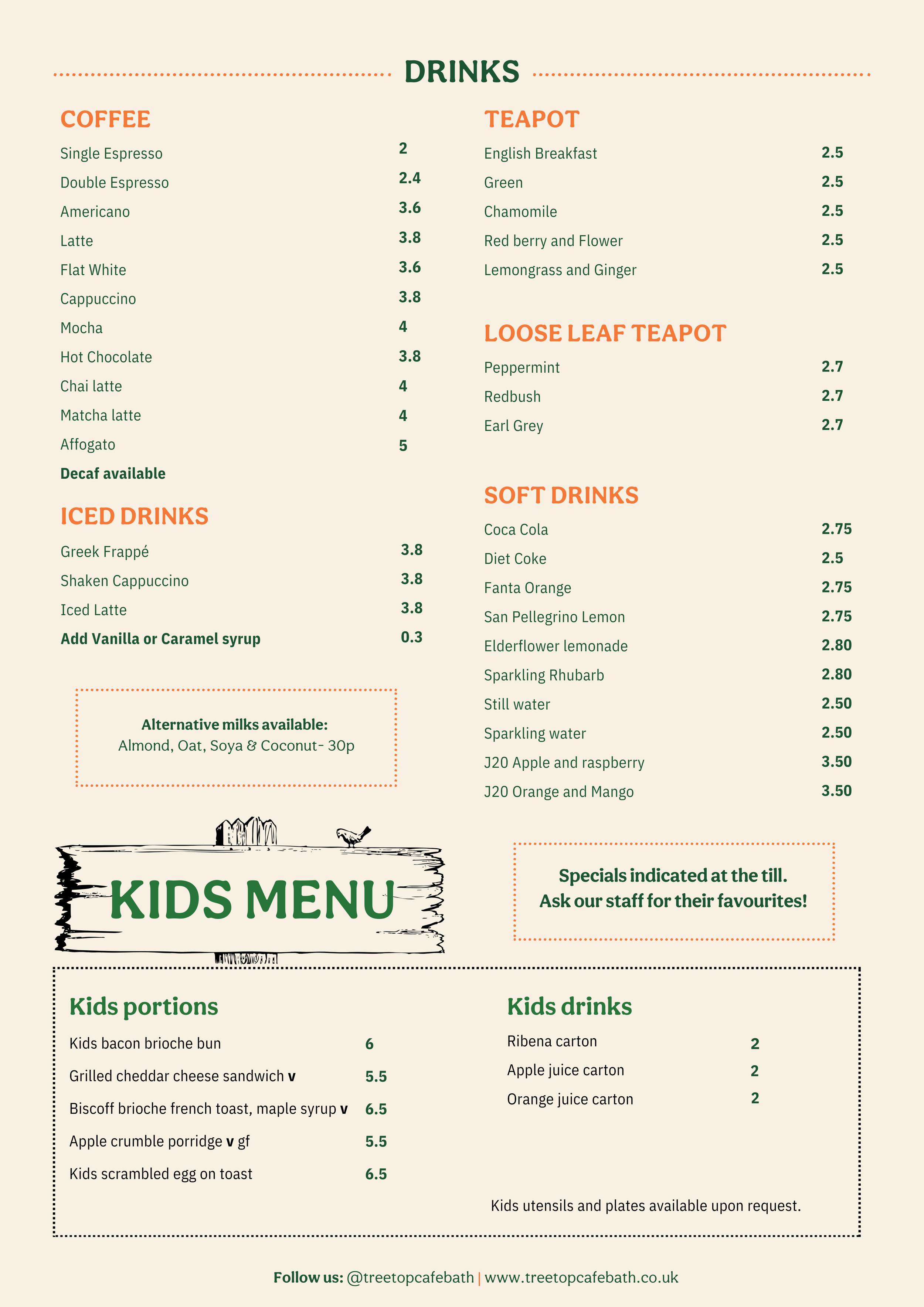 Treetop Cafe Menu — Treetop Cafe Bath