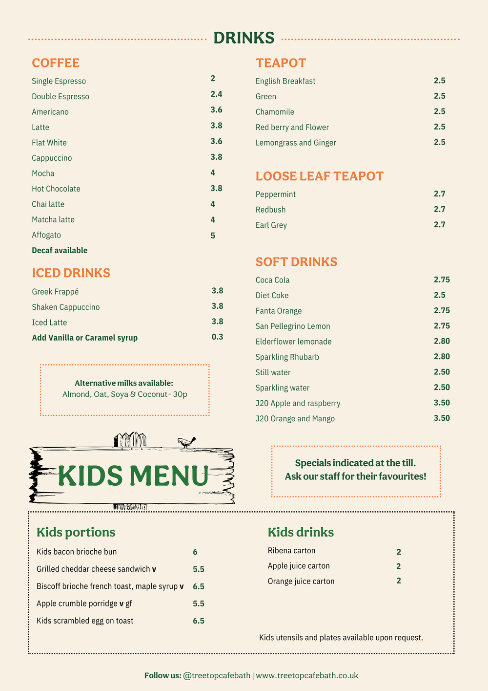 Treetop Cafe Menu — Treetop Cafe Bath