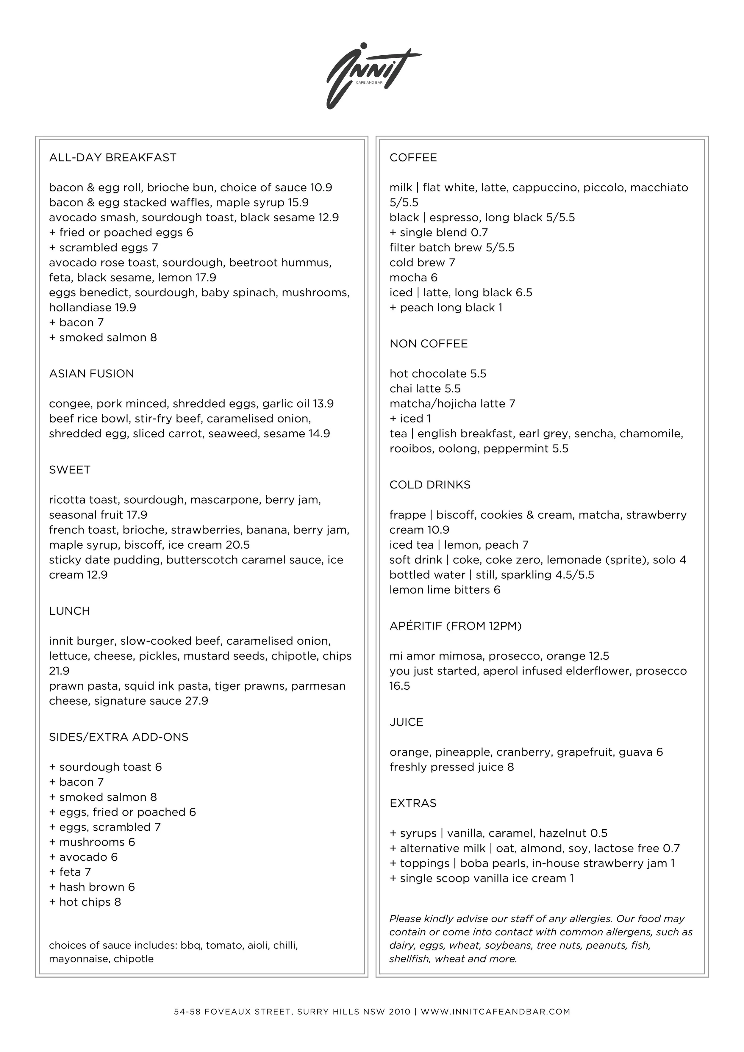 Cafe Menu - Innit Cafe and Bar