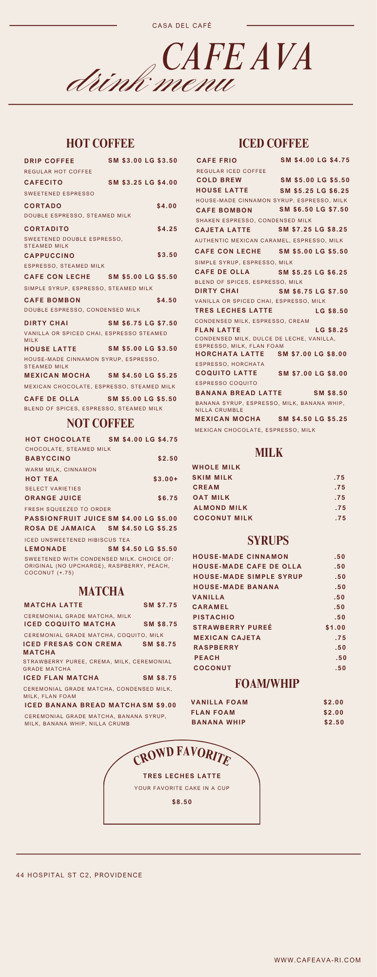 Providence Menu — Cafe Ava RI