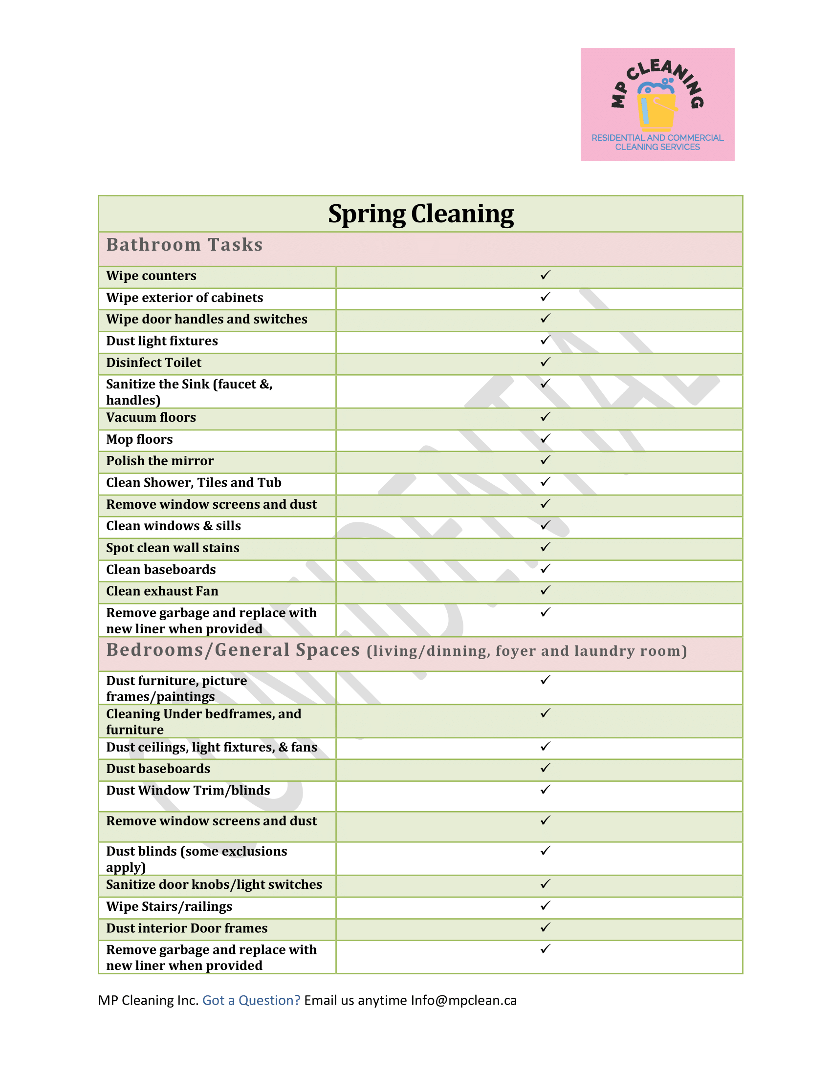 Cleaning Checklist — MP Cleaning