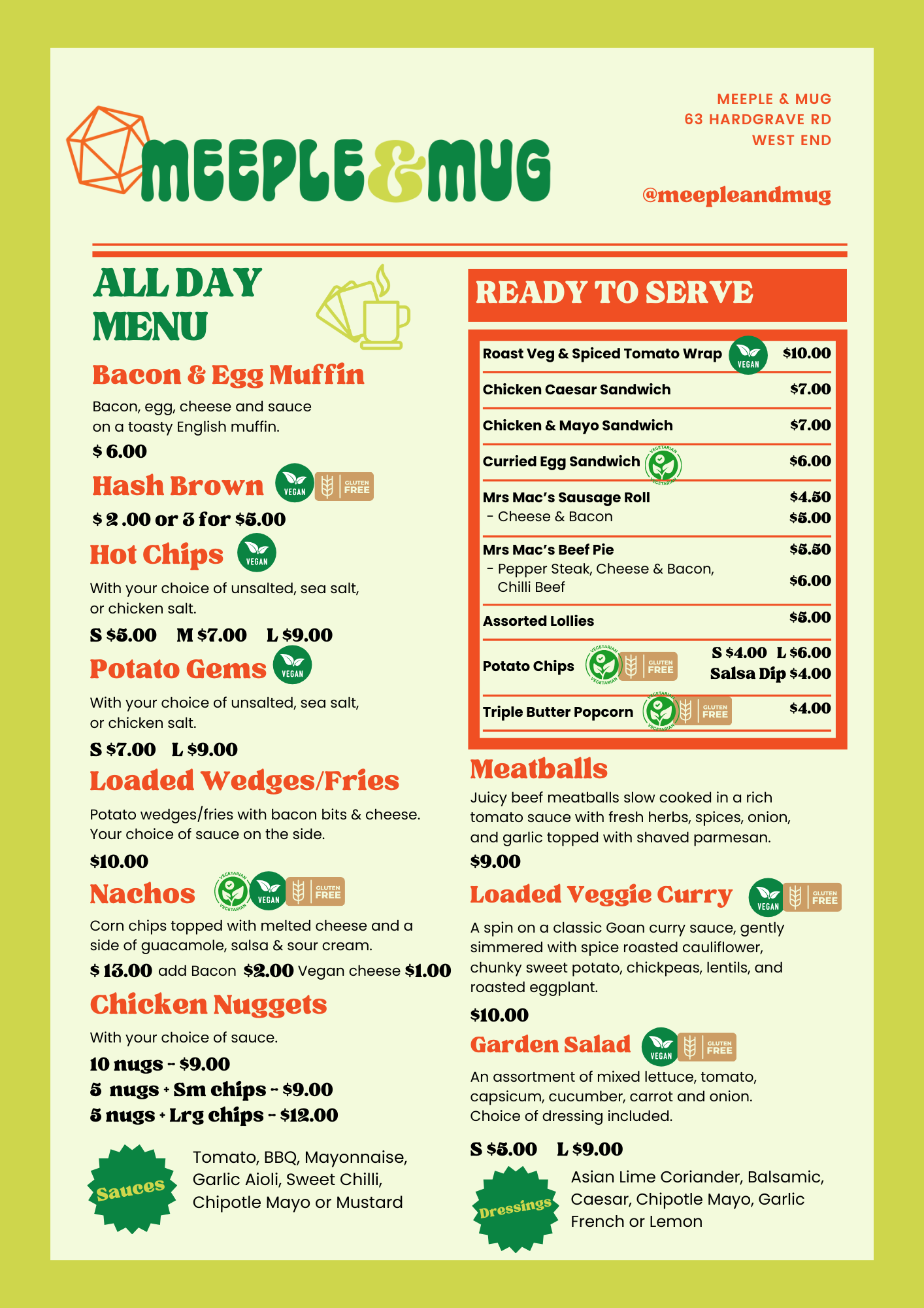 Menu — Meeple & Mug