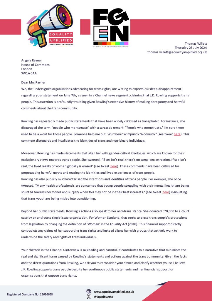 Letter to Angela Rayner - Thursday 25 July 2024 — Equality Amplified