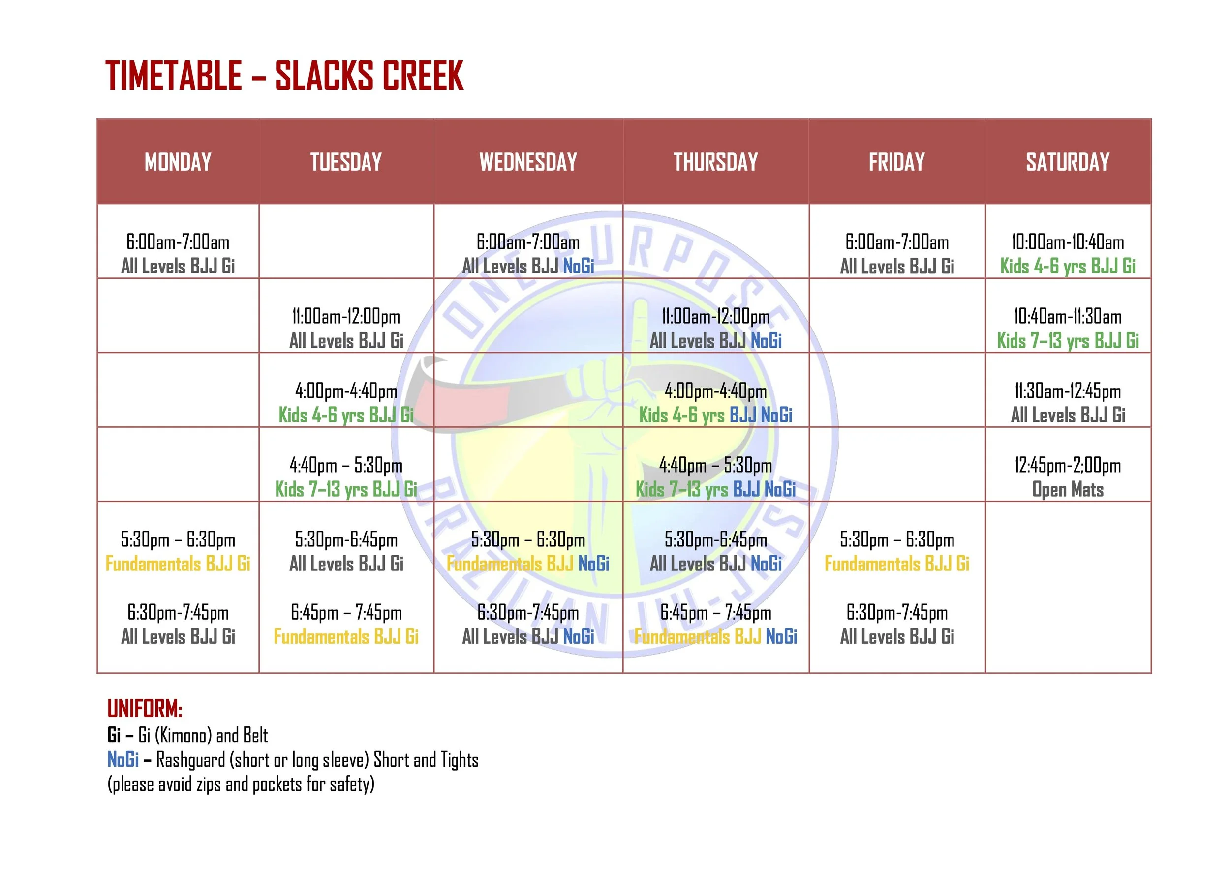 Timetable — Martial Arts Brisbane | One Purpose Brazilian Jiu Jitsu