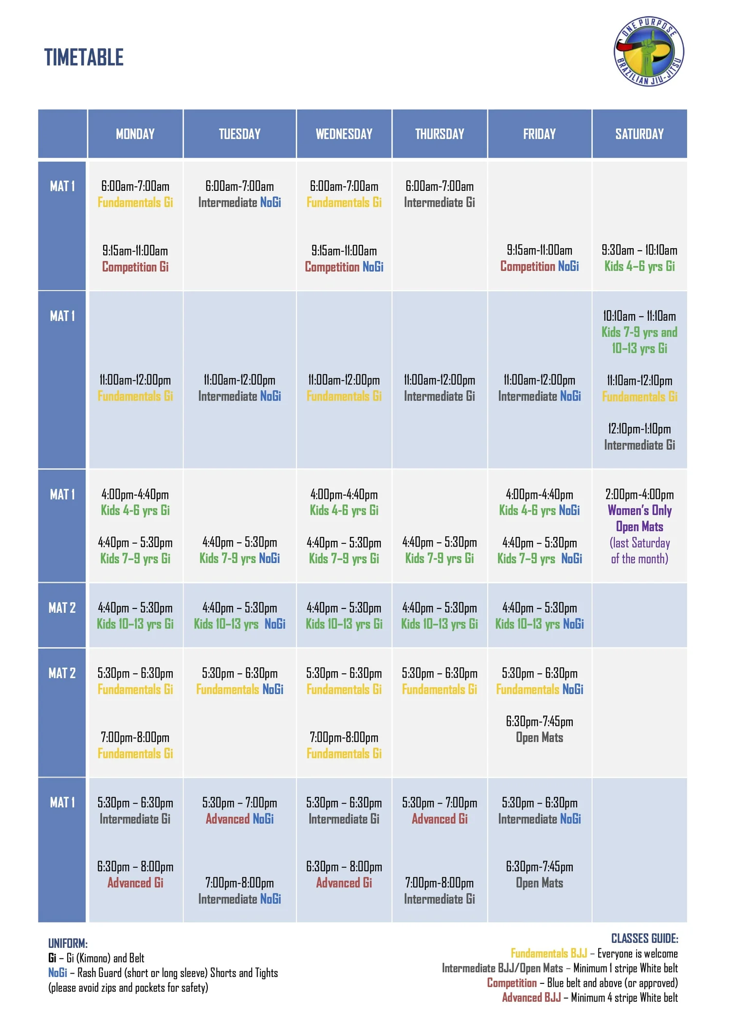 Timetable — Martial Arts Brisbane | One Purpose Brazilian Jiu Jitsu