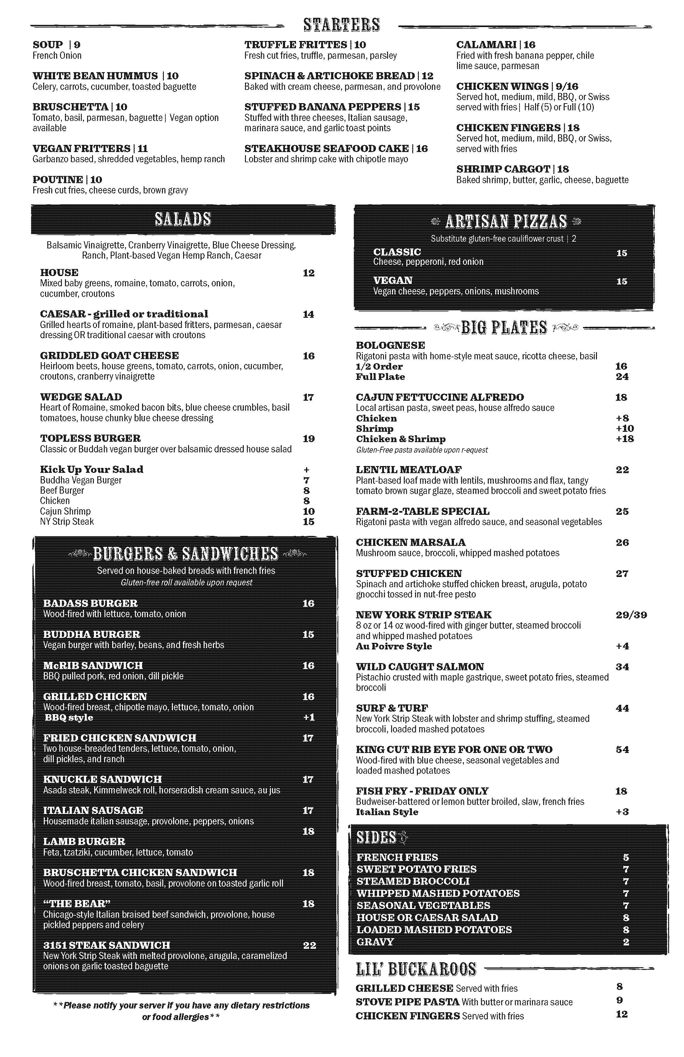 Menu — The Steer Restaurant & Saloon