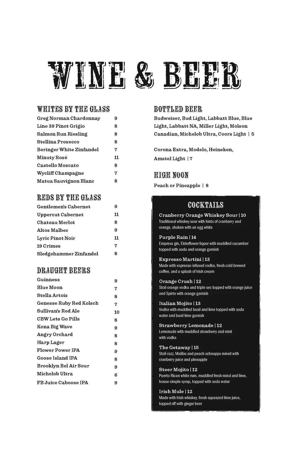 Menu — The Steer Restaurant & Saloon