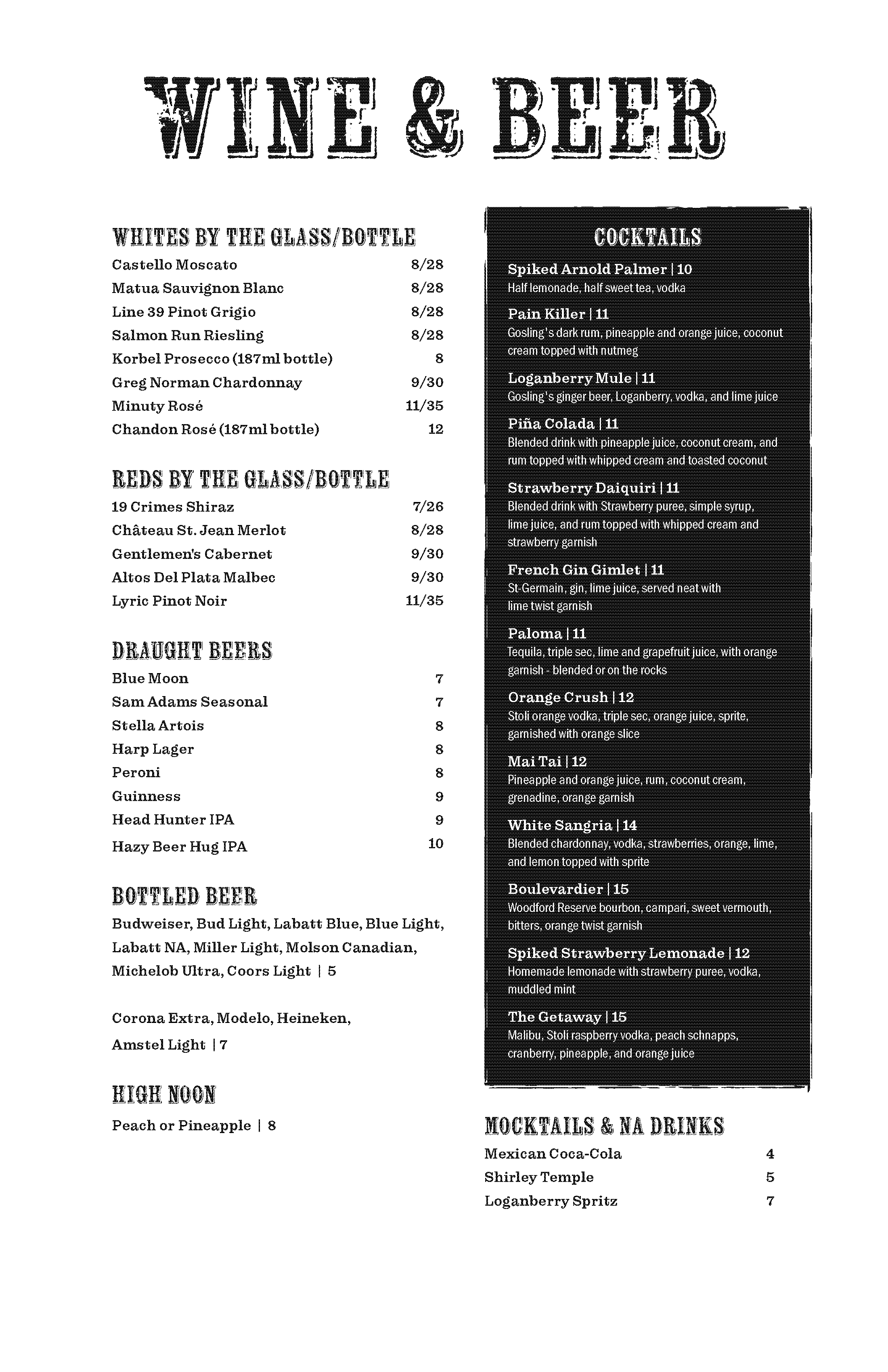 Menu — The Steer Restaurant & Saloon