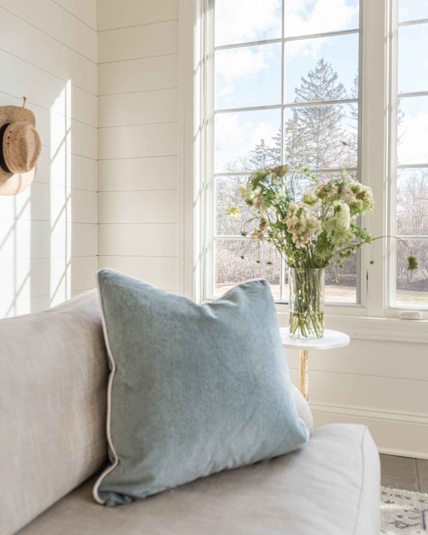 Tranquil Blue Sunroom with Woven Textures & Natural Light — Sarah Coe ...