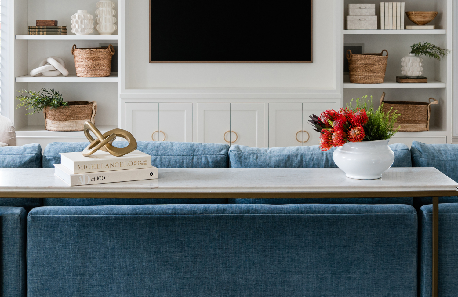 Coastal Living Room with Bold Blue Accents — Sarah Coe Design - Full ...