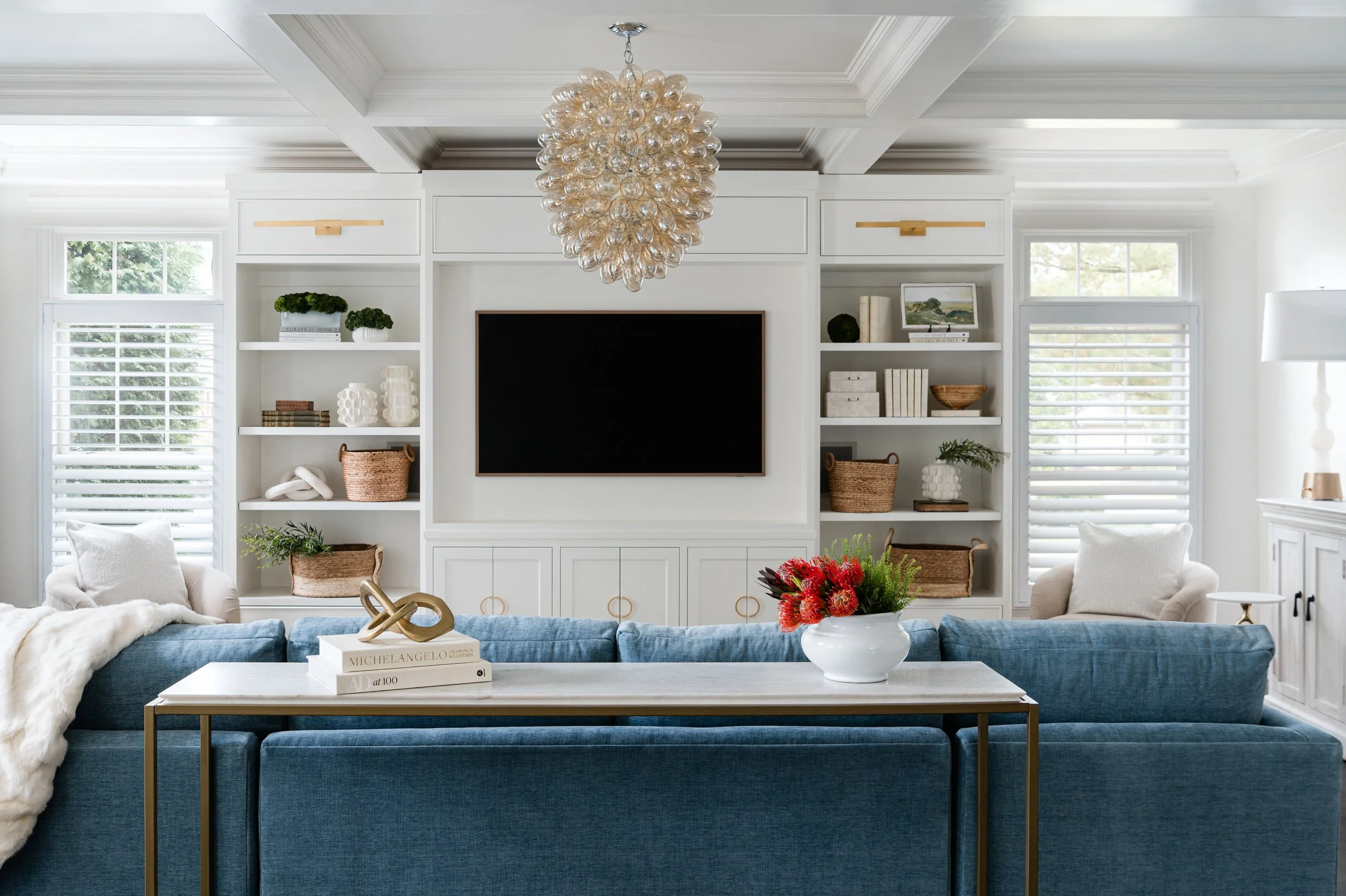 Coastal Living Room with Bold Blue Accents — Sarah Coe Design - Full ...
