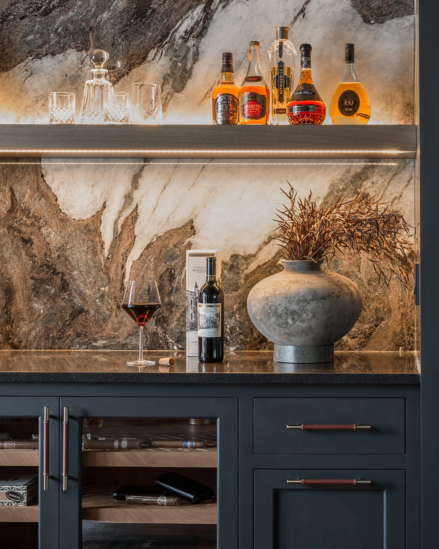 Moody Home Bar with Marble Backsplash & Humidor — Sarah Coe Design ...